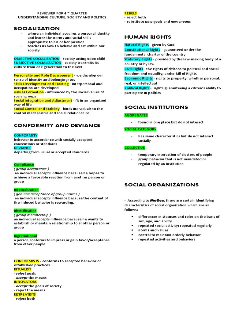UCSP 4th Quarter Reviewer | PDF | Socialization | Conformity