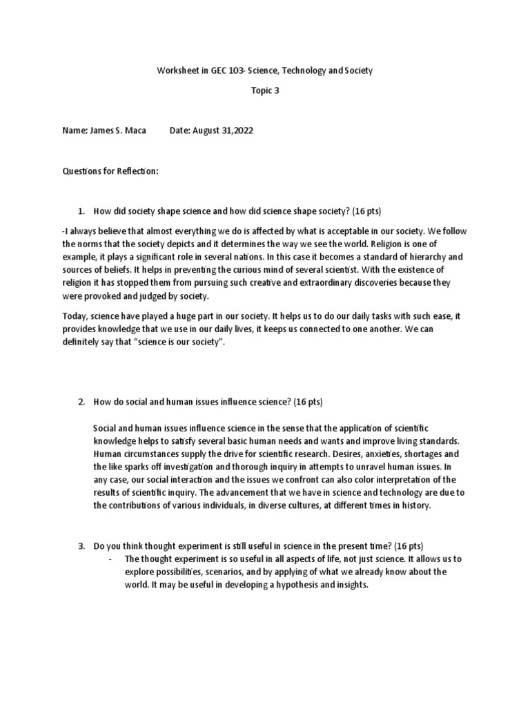 Worksheet in GEC 103 - Science, Technology and Society | PDF | Science | Knowledge
