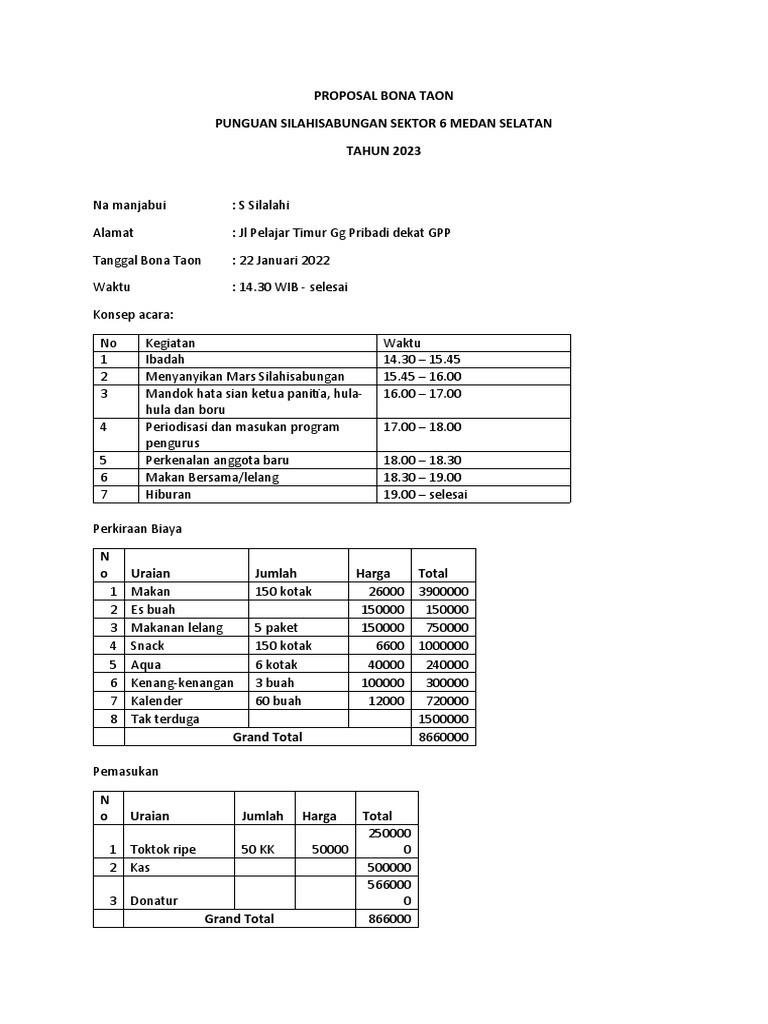 Proposal Kegiatan Bona Taon 2023 | PDF