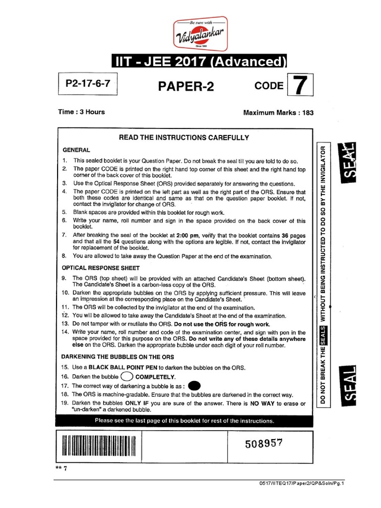 IIT JEE 2017 Advanced Solutions | PDF