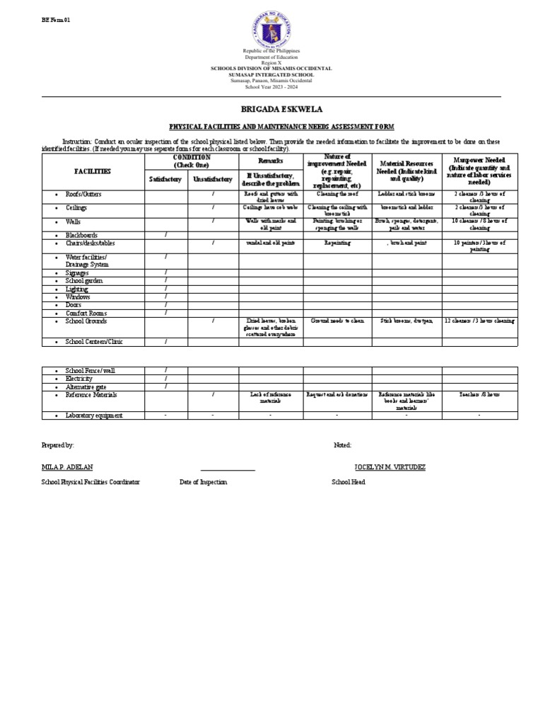 Be Form 1 Physical Facilities and Maintenance Needs Assessment Form | PDF
