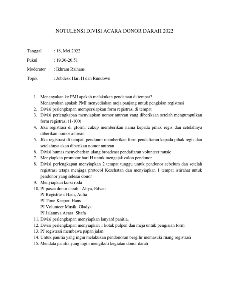 Notulensi Divisi Acara Donor Darah 2022 (1) | PDF