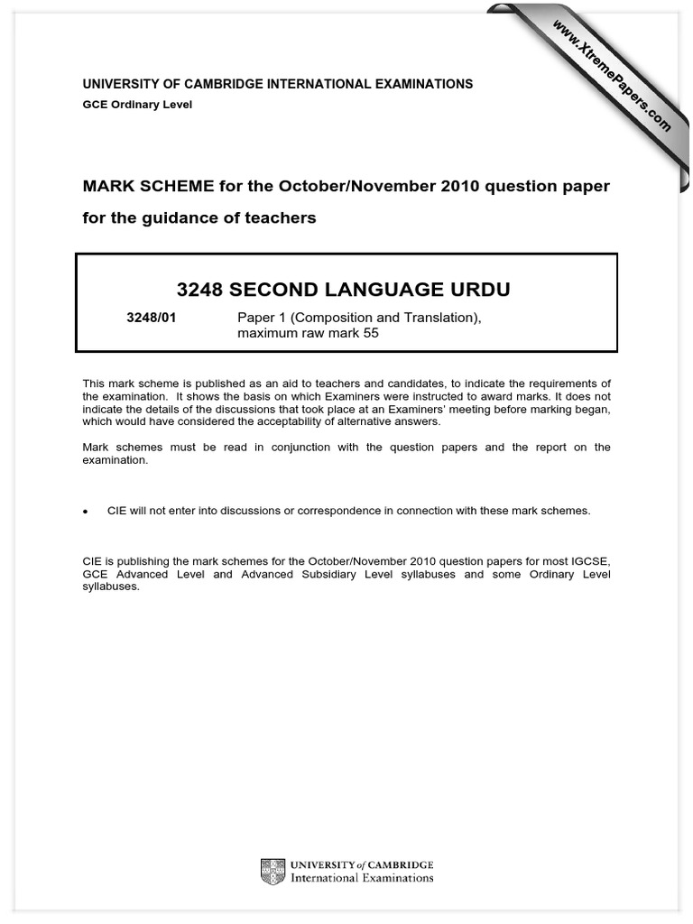 3248 Second Language Urdu: MARK SCHEME For The October/November 2010 ...