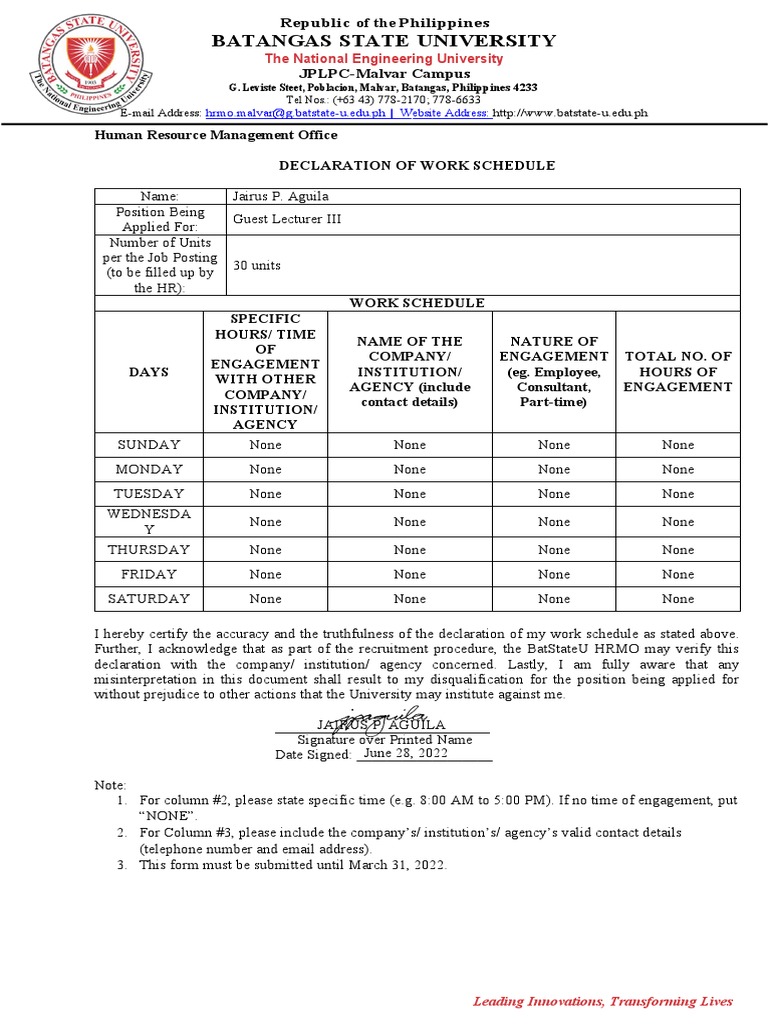 Declaration of Work Schedule | PDF | Labor | Business