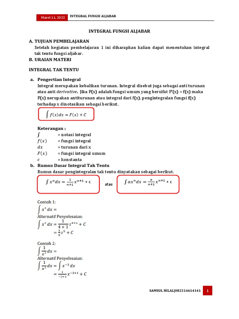 Konsep Dasar Integral Fungsi Aljabar | PDF