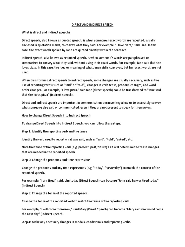 Direct vs. Indirect Speech Guide | PDF | Verb | Grammatical Tense