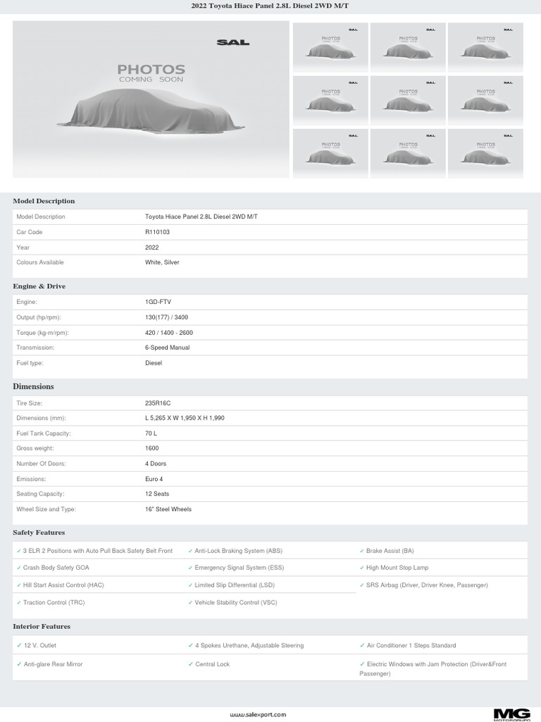 2022 Toyota Hiace Panel 28l Diesel 2wd MT | PDF | Anti Lock Braking ...