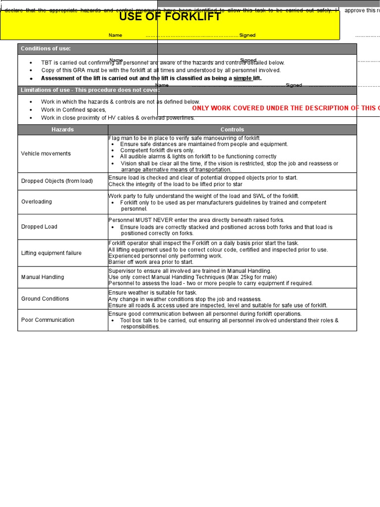 Appendix 3 - Generic Risk Assessment Example Use of Forklift | PDF ...