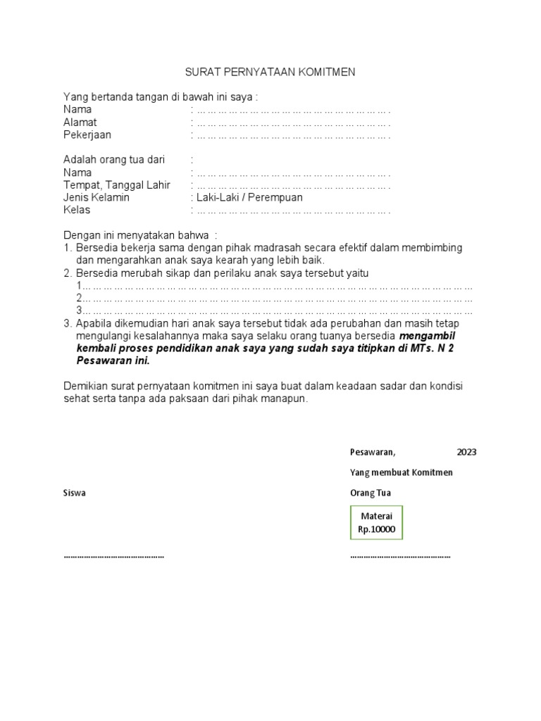 Surat Pernyataan Komitmen | PDF | Karier & Perkembangan