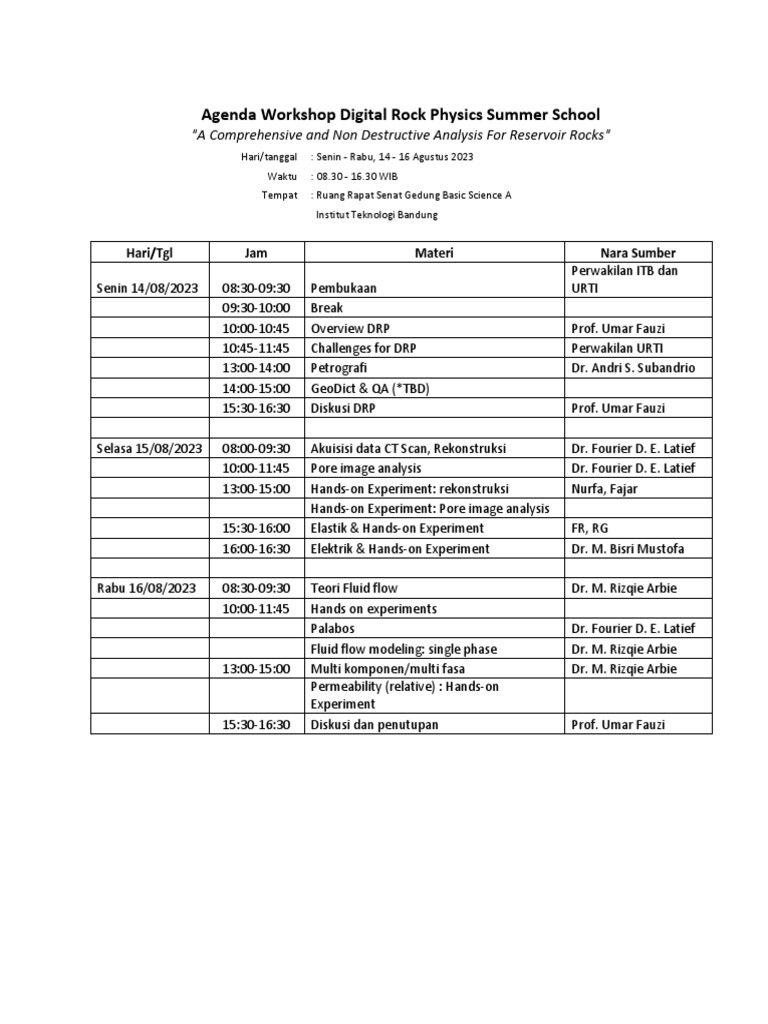 Rundown Acara - Summer School Digital Rock Physics | PDF