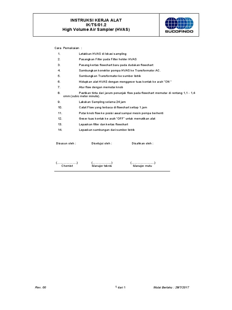 Instruksi Kerja Alat IK/TS/01.2 High Volume Air Sampler (HVAS) | PDF
