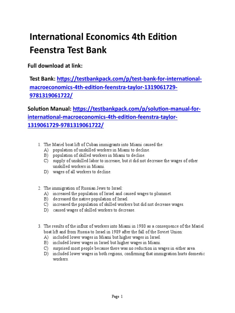 International Economics 4th Edition Feenstra Test Bank Download | PDF ...