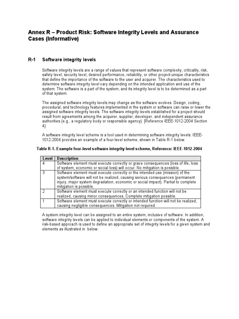 Annex R Product Risk Software Integrity Levels and Assurance Cases ...