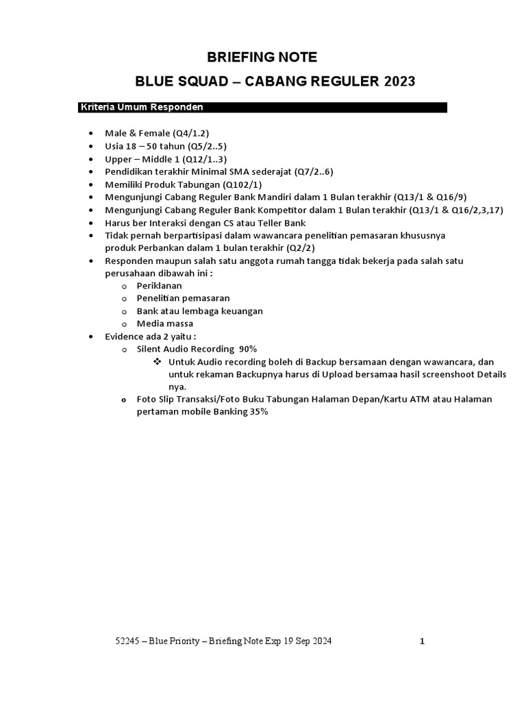 Briefing Note - Blue Squad Cabang Reguler | PDF