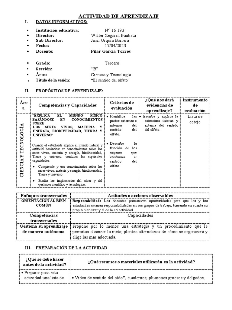Actividad sobre el sentido del olfato | PDF | Evaluación | Aprendizaje