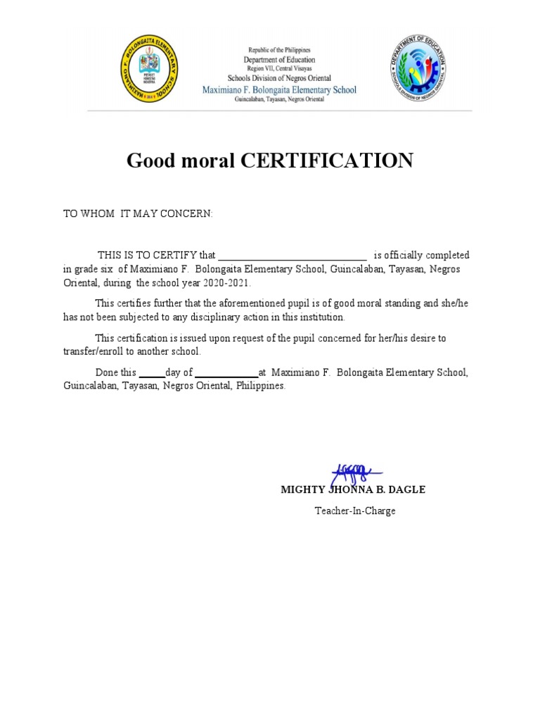 Good Moral Certification Sy 2020-2021 | PDF