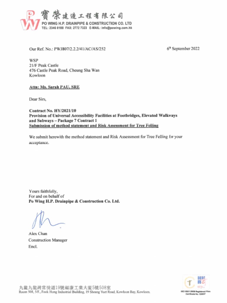 252 Submission of Method Statement and Risk Assessment For Tree Felling ...