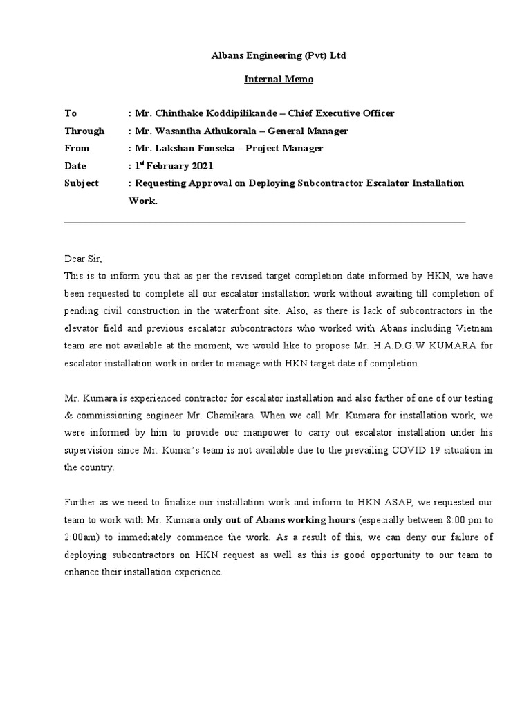 Approval Request for Escalator Subcontractor | PDF