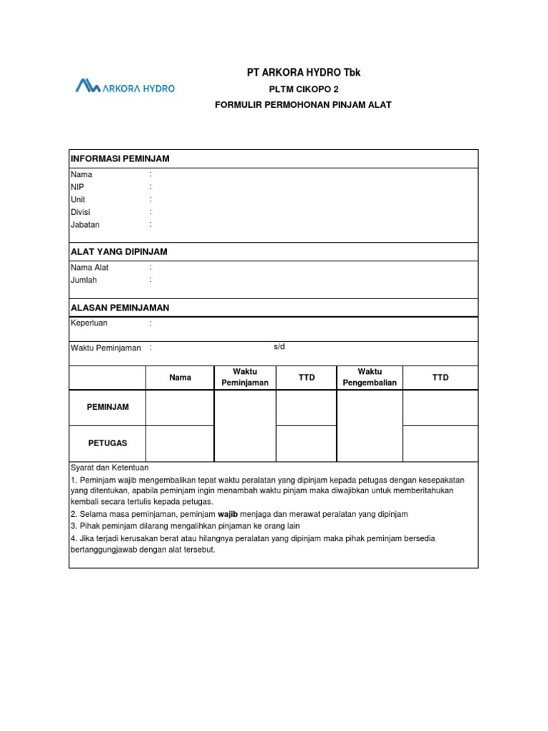 Formulir Pinjam Alat PT Arkora Hydro | PDF | Pengelolaan Keuangan ...