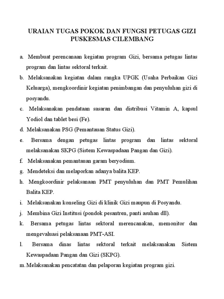 Uraian Tugas Pokok Dan Fungsi Petugas Gizi | PDF