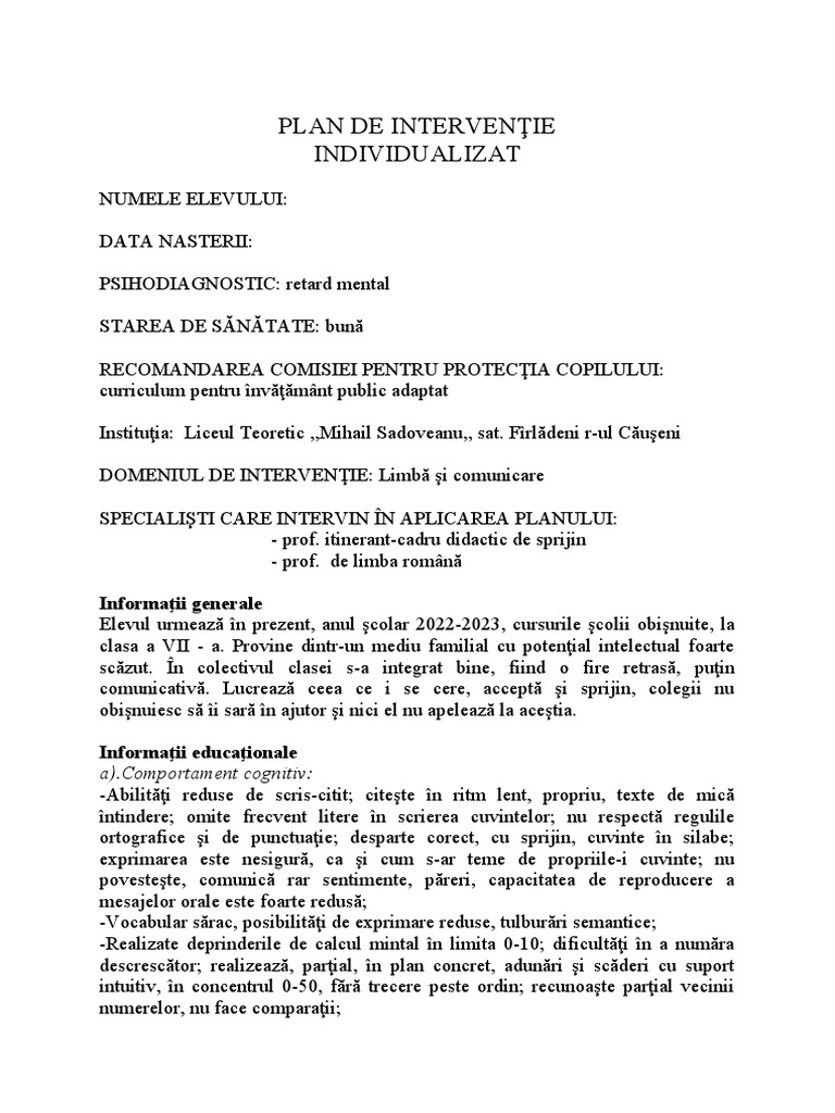 Plan de Interventie PT Copii Cu Ces | PDF