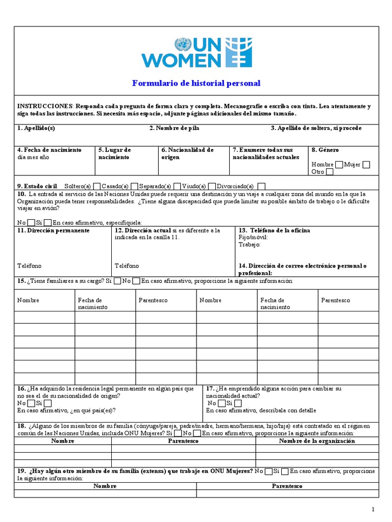 UN Women P11 Personal History Form Es | PDF