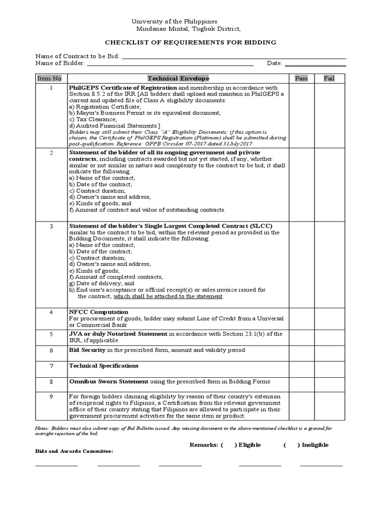 Checklist For Bid Opening Pdf Business Economies