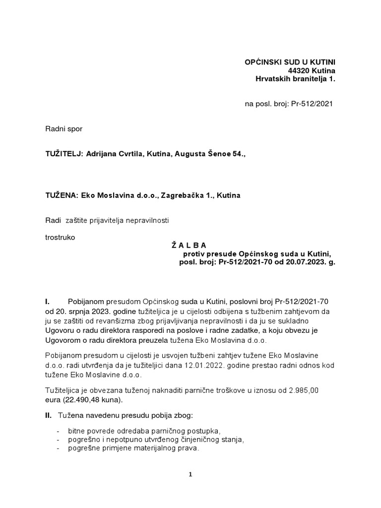 Cvrtila Adrijana, Žalba Protiv Presude, Zaštita Prijavitelja, 26.07.2023. | PDF