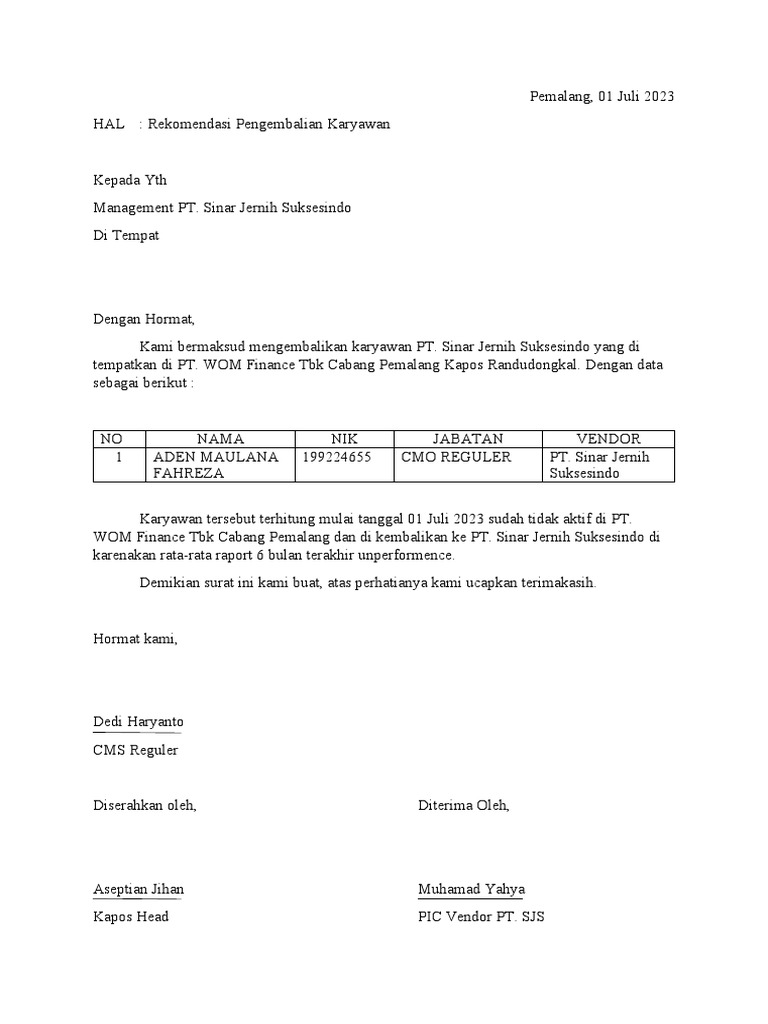 Rekomendasi Pengembalian Karyawan SJS | PDF | Karier & Perkembangan ...