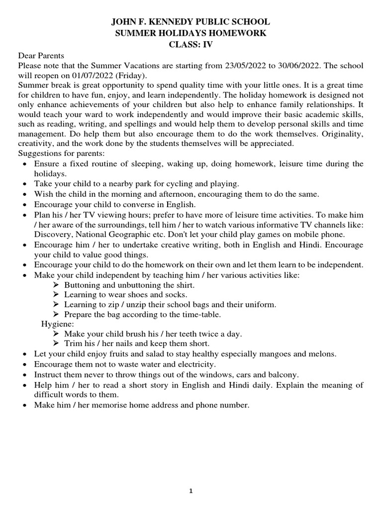 John F. Kennedy Public School Summer Holidays Homework Class: Iv | PDF