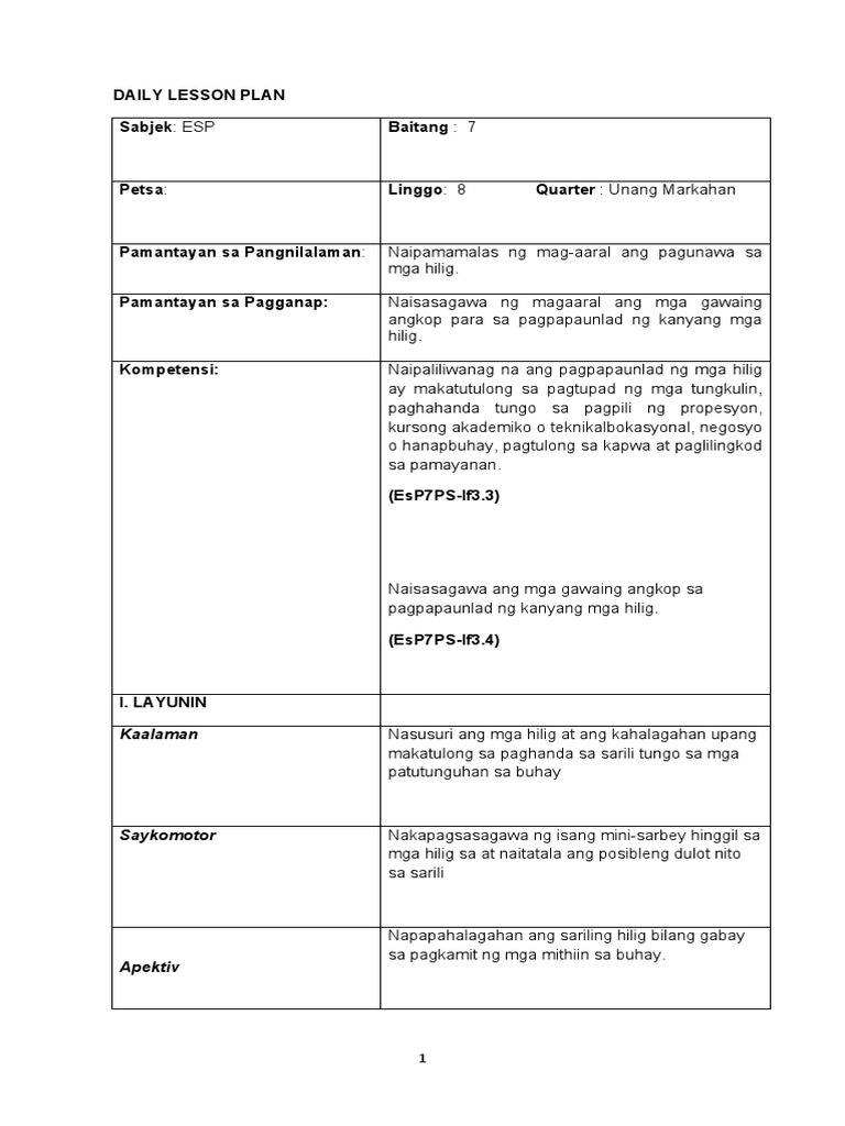 Lesson Plan - EsP7 - Q1 - Week8 | PDF