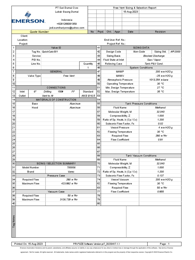 Quote Number:: PRV SIZE Software Version pr7 - 20230417.1.1 | PDF
