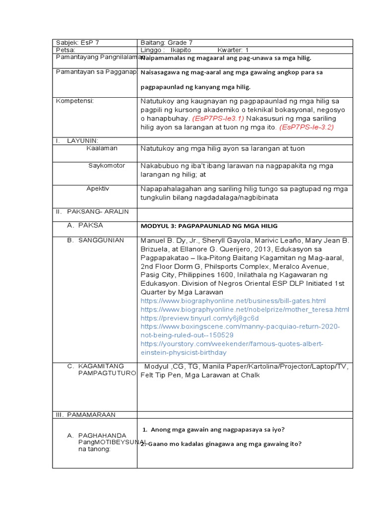 Lesson Plan - EsP7 - Q1 - Week7 | PDF