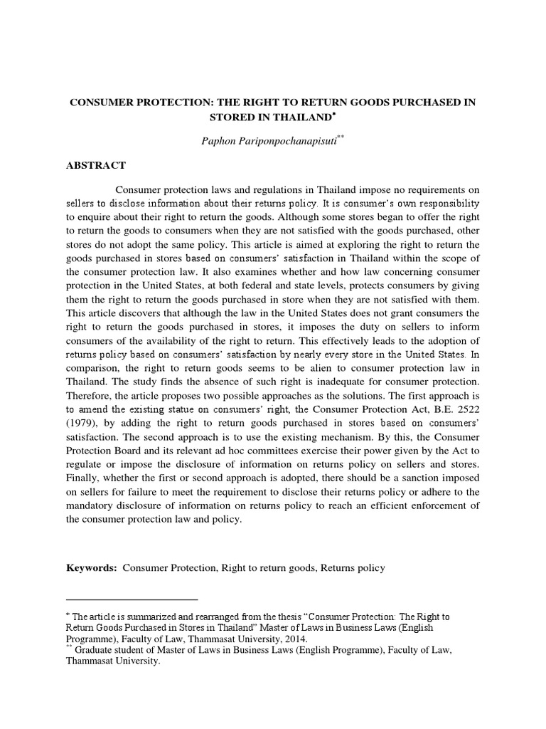 CONSUMER PROTECTION: THE RIGHT TO RETURN GOODS PURCHASED IN STORED IN ...