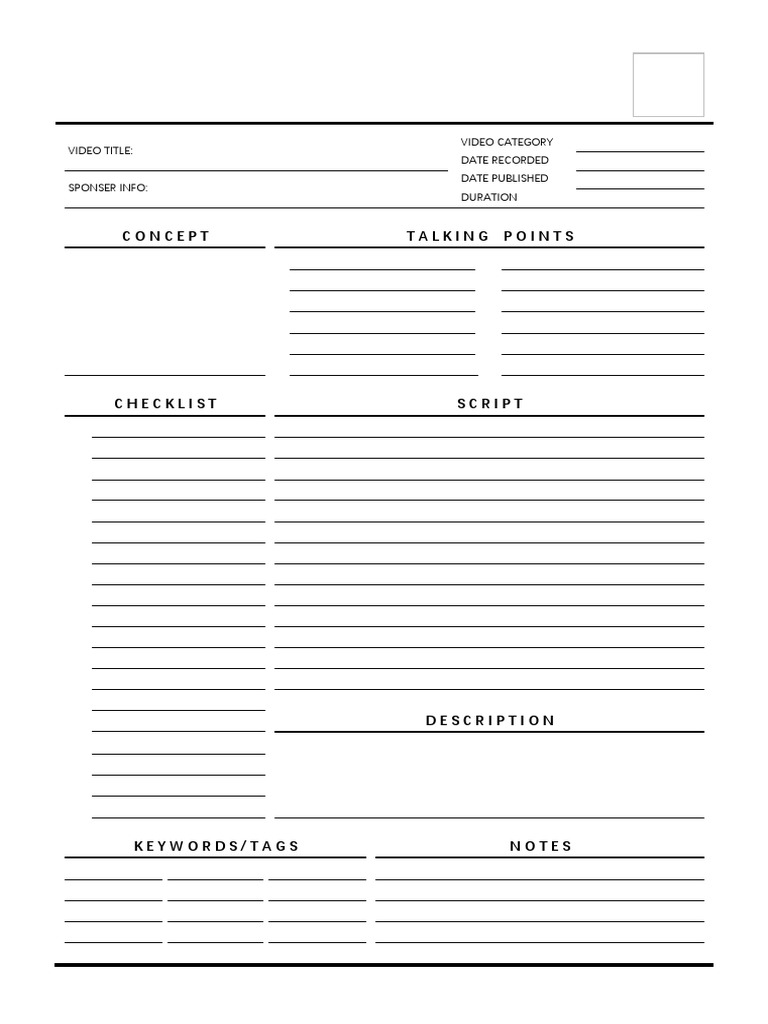 Youtube Planner - All in One Page, Episode Planner - FILLABLE PDF | PDF