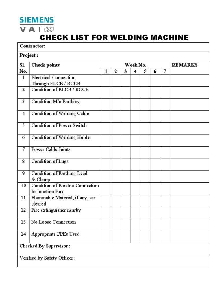 Check List For Welding Machine | PDF | Technology & Engineering