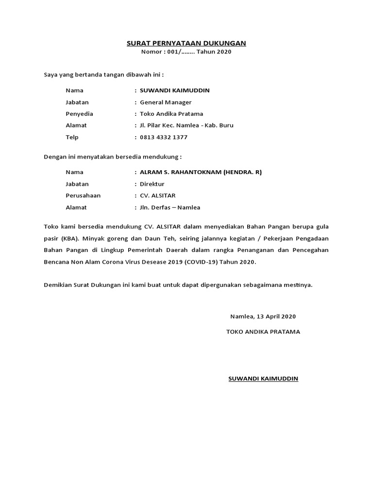 Surat Pernyataan Dukungan | PDF