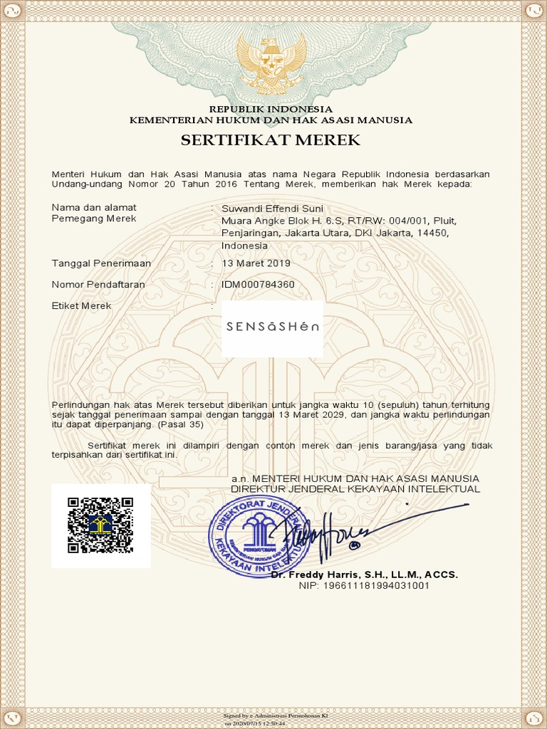 Sertifikat Merek Sensashen | PDF