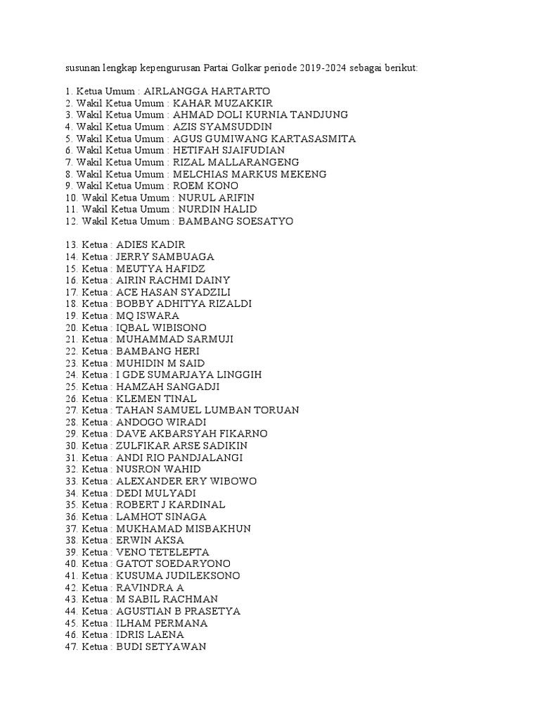 Susunan Lengkap Kepengurusan Partai Golkar Periode 2019 | PDF