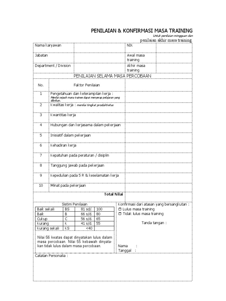 19-Form HRD Penilaian Karyawan Masa Training | PDF