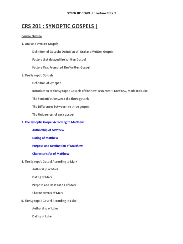 CRS - Synoptic Gospel - Lecture Note 3 | PDF