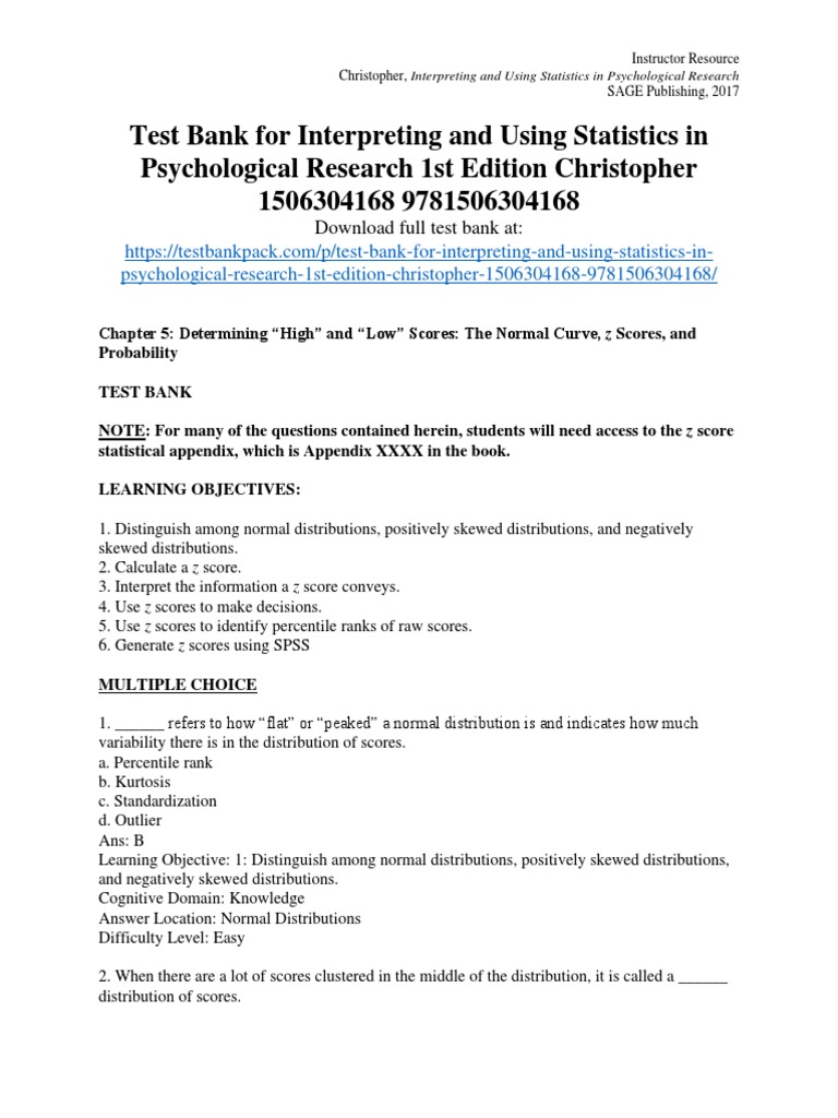 Test Bank for Statistics in Psychology | PDF | Standard Score | Percentile