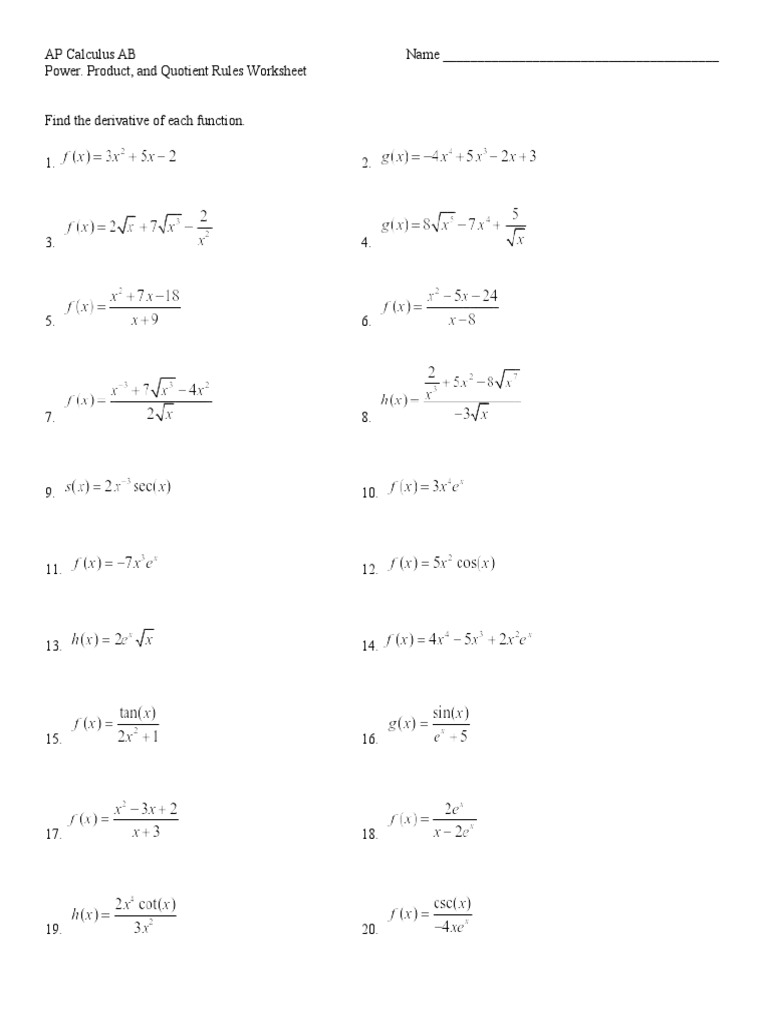 Power, Product, and Quotient Rules Worksheet | PDF