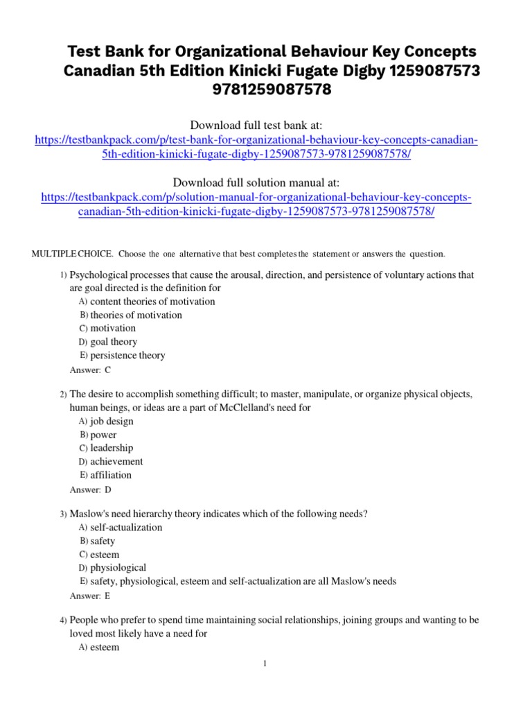 Organizational Behaviour Test Bank | PDF | Motivational | Motivation