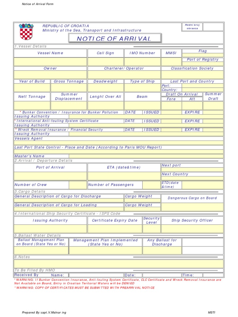 Notice of Arrival Form for Vessels | PDF