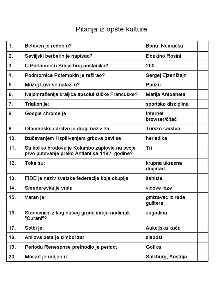 20 Pitanja Opste Kulture | PDF