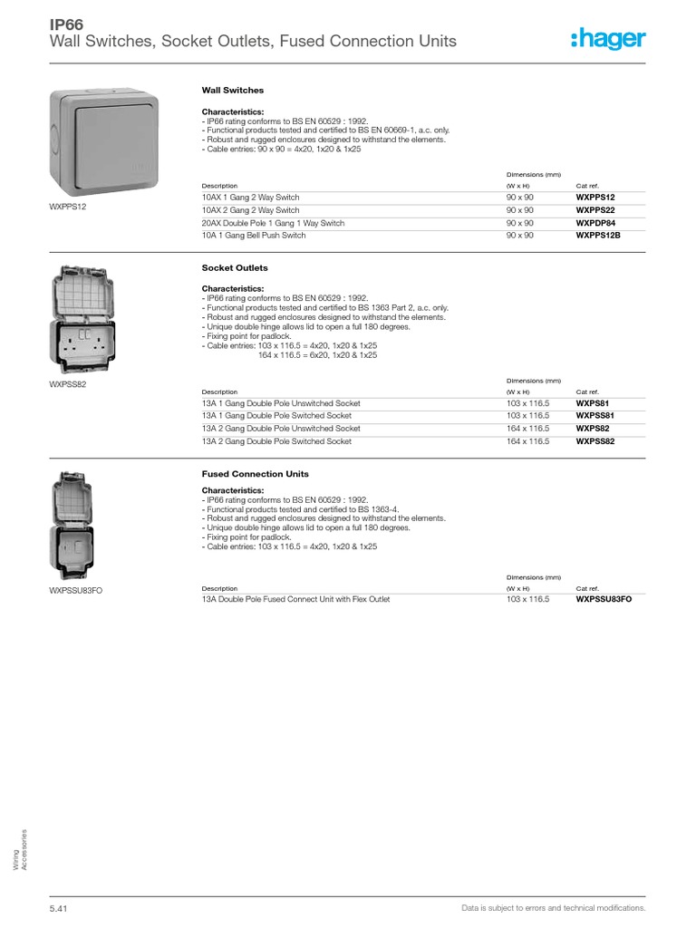 Hager WXPSS82 Weatherproof Switched Socket Catalogue Page | PDF