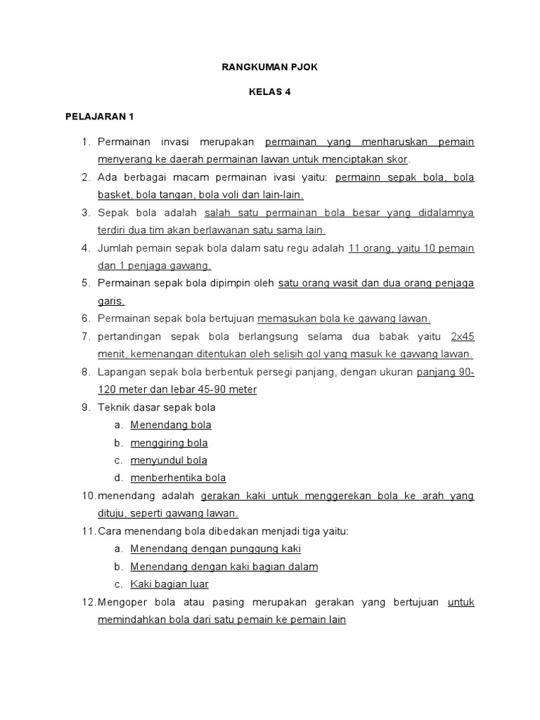 Rangkuman Pjok Kelas 4 Pel 1 | PDF