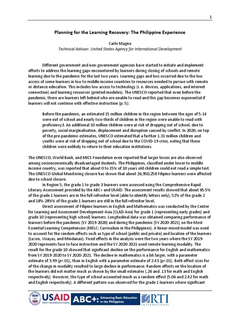 Planning For The Learning Recovery | PDF | Learning | Philippines