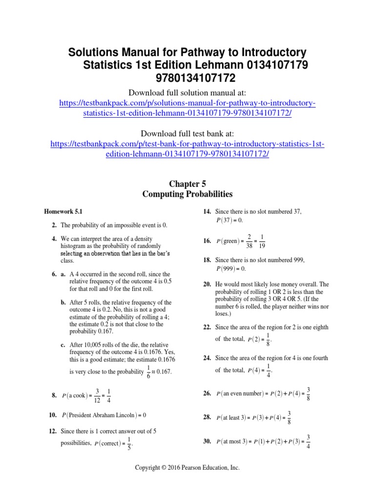 Pathway To Introductory Statistics 1st Edition Lehmann Solutions Manual ...